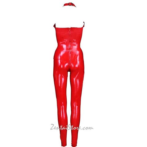 Women Skinsuit Latex Tight Sexy One Piece Red Halterneck Rivet Skinsuit