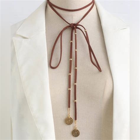 Jewelry 23 Western Brown Faux Suede Lariat Gold Bead Necklace Tie