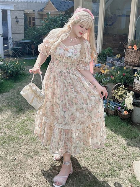 Plus Size Friendly Floral Pattern Pink Flounce Hem Dress