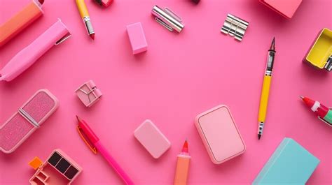A Flat Lay Of Various Pink School Supplies On A Pink Background