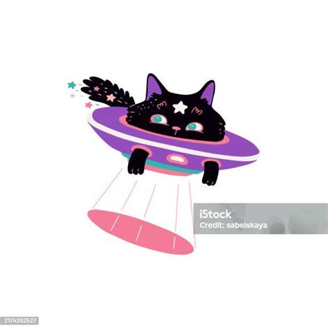 นักบินอวกาศแมวดําน่ารักบินบนยานอวกาศยูเอฟโอในอวกาศเวกเตอร์การ์ตูนแฟนตาซีลูกแมวกับนักบ ภาพประกอบ