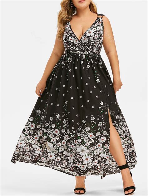 54 Off Plus Size Plunge Floral Print Split Dress Rosegal