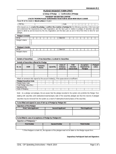 Fillable Online Annexure 8 1 Pledge Request Form PRF Delhi Fax
