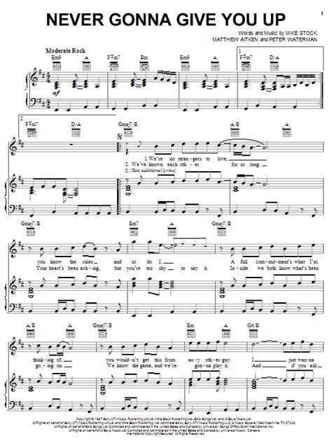 Never Gonna Give You Up Sheet Music By Rick Astley Piano Vocal
