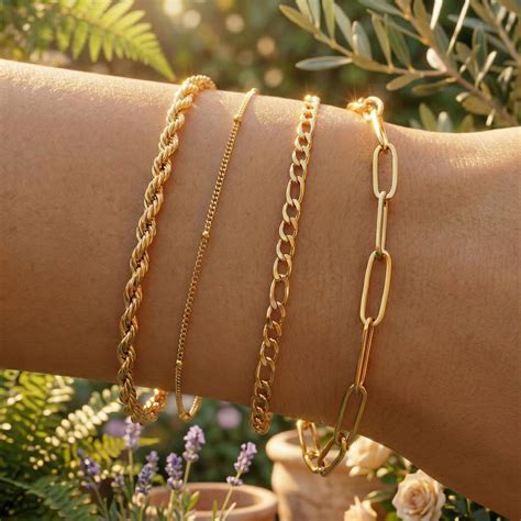 Womens Dainty Gold Bracelet Set 5x Plated Stainless Steel Minimalist