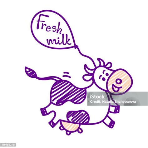 벡터 일러스트 라인 스케치 낙서 실행 또는 공기 풍선으로 점박이 소를 비행 손으로 그린 고립 신선한 우유문자와 함께 패키지 포스터 라벨 디자인 전단지 배너 등 귀여운에 대한