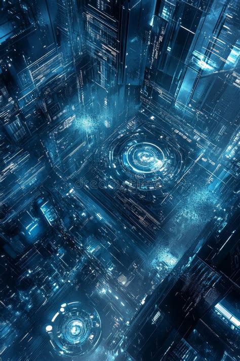 Futuristic Digital Environment With Glowing Blue Circuit Patterns Stock Illustration