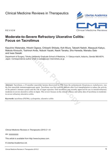 Pdf Moderate To Severe Refractory Ulcerative Colitis Focus On Tacrolimus