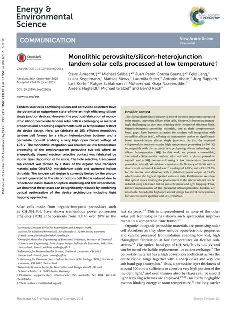Pdf Monolithic Perovskitesilicon Heterojunction Tandem Solar Cells