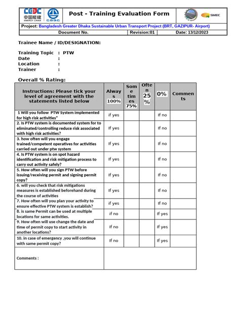 Post Training Evaluation Form Ptw Pdf