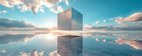Cube Gently Floating Above A Reflective Surface Creating A Symmetrical
