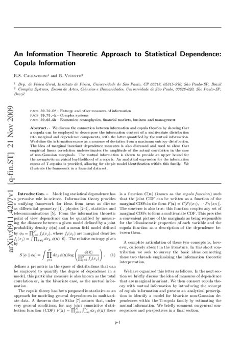 Pdf An Information Theoretic Approach To Statistical Dependence Copula Information