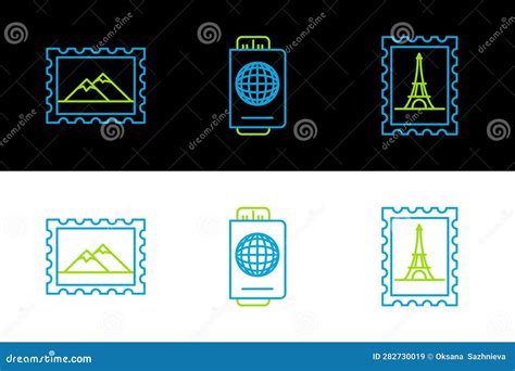 Set Line Postal Stamp And Eiffel Tower Mountains And Passport With