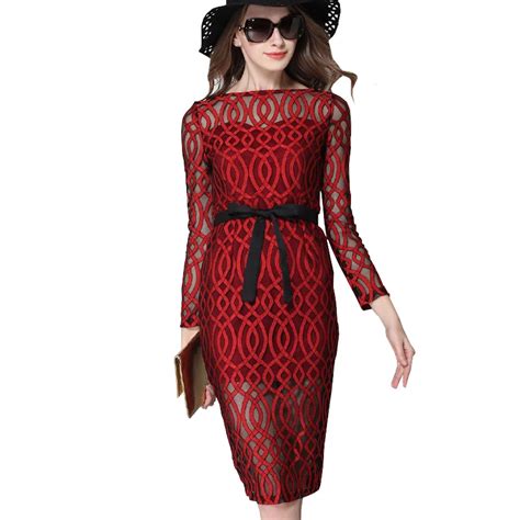 2017 Spring Autumn Red Lace Dresses Women Mesh Hollow Split Office