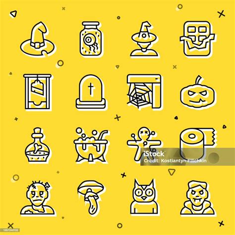 세트 라인 뱀파이어 화장지 롤 호박 마녀 Rip 작성 삭제 표시 길로틴 모자와 거미 웹 아이콘 벡터 10월에 대한 스톡 벡터 아트 및 기타 이미지 Istock