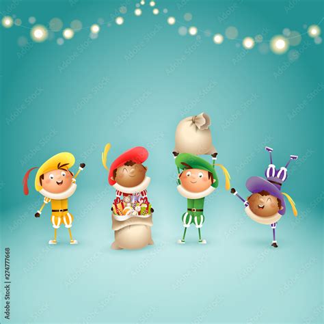 Four Dutch Sinterklaas Helpers Zwart Piets Celebrate Holidays