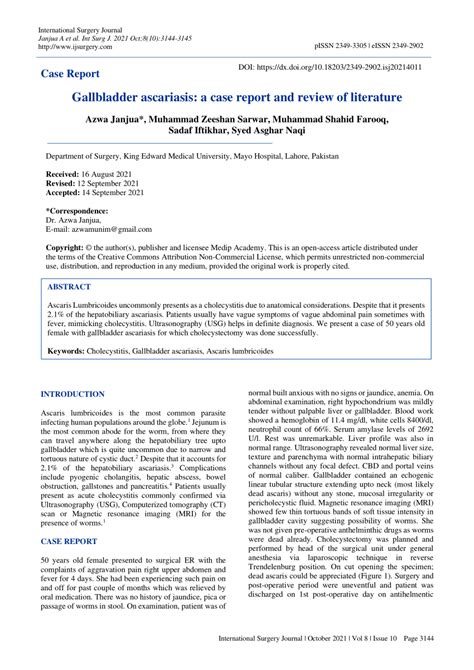 Pdf Gallbladder Ascariasis A Case Report And Review Of Literature
