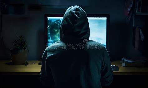 Mysterious Male Hacker Facing The Monitor Ai Generative Stock