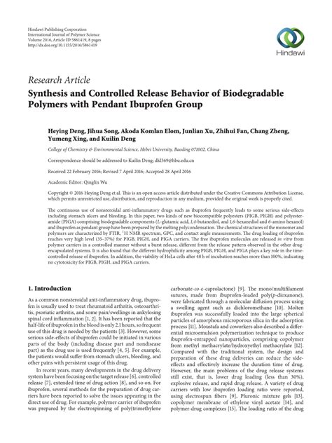 Pdf Synthesis And Controlled Release Behavior Of Biodegradable Polymers With Pendant Ibuprofen