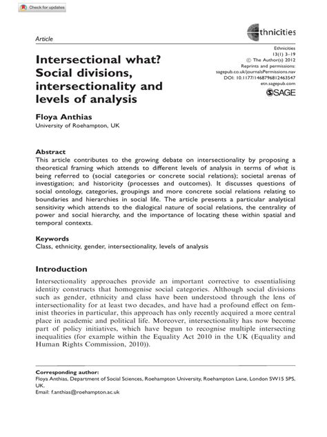 Anthias 2012 Intersectional What Social Divisions Intersectionality And Levels Of Analysis Pdf