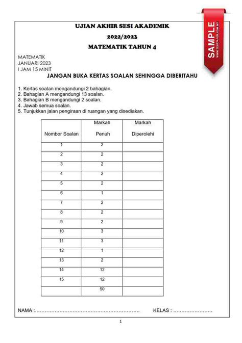 2 SET MODUL UJIAN AKHIR SESI AKADEMIK UASA MATEMATIK TAHUN 4 SESI
