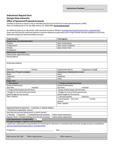Fillable Online Ursa Research Gsu Subcontract Request Form University Research Services