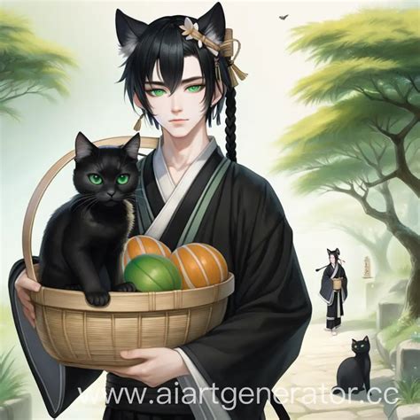 Elegant Youth In Traditional Hanfu With Cat Ears And Basket Ai Art Generator