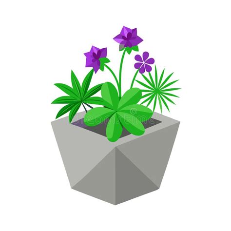 Geometric Flower Pot With Purple Flowers And Greenery Modern Style Illustration Stock Vector
