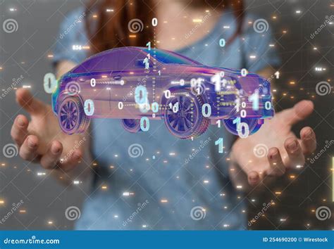 3d Digital Car Surrounded By Binary Codes Concept Of Autonomous Driving With An Electric Car