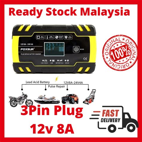 FOXSUR Lorry Car Motorcycle 12v8a 24v4a 3 Stage LCD Touch Screen Lead
