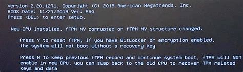 New cpu installed ftpm nv corrupted or ftpm nv structure changed что