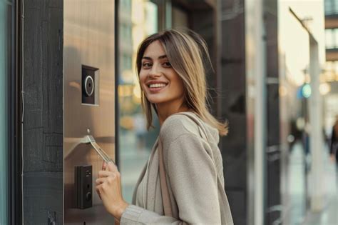 Happy Woman Ringing On Doorbell At Building Entrance Using Intercom Happy Woman Ringing On