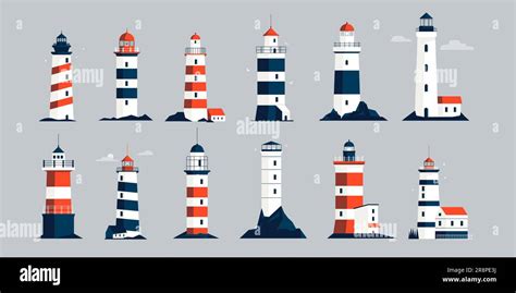Lighthouses Collection Cartoon Nautical Navigation Light Tower