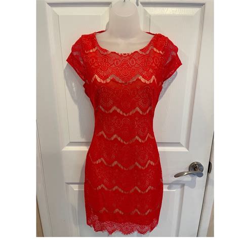 Bebe Red Lace Mini Dress With Nude Lining Xs Gem