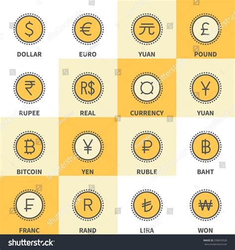 Thin Line Currency Icons Dollar Euro Yen Yuan Brazilian Real Indian Rupee Russian Ruble