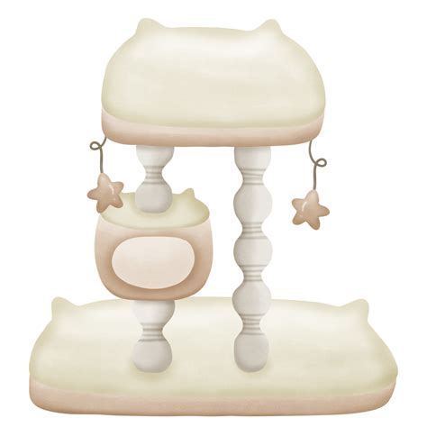 White Cat Tree With Brown Cat Scratcher And Cat House In It With Toys