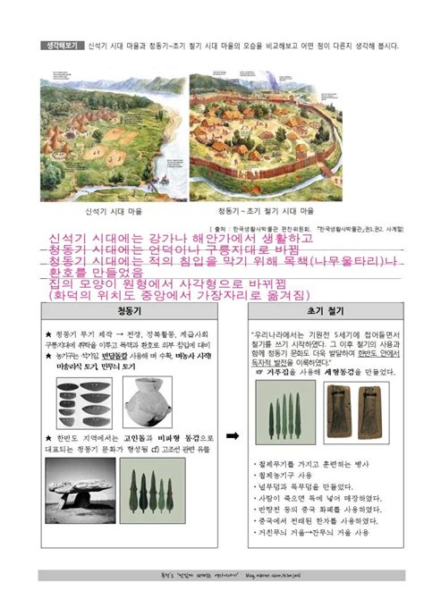[중2 역사] 구석기 신석기 청동기 철기시대 정리 A4 2장 네이버 블로그