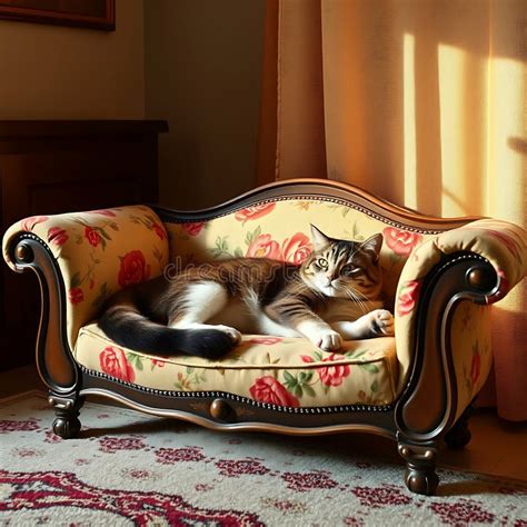 A Vintage Inspired Pet Couch With Floral Fabric A Cat Lounging On It