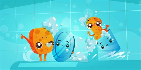 Cute Sponges Cleaning Plate And Glass On Kitchen 14320099 Vector Art At