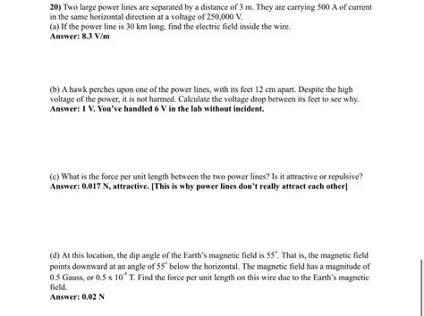 Solved Two Large Power Lines Are Separated By A Distance Chegg Com