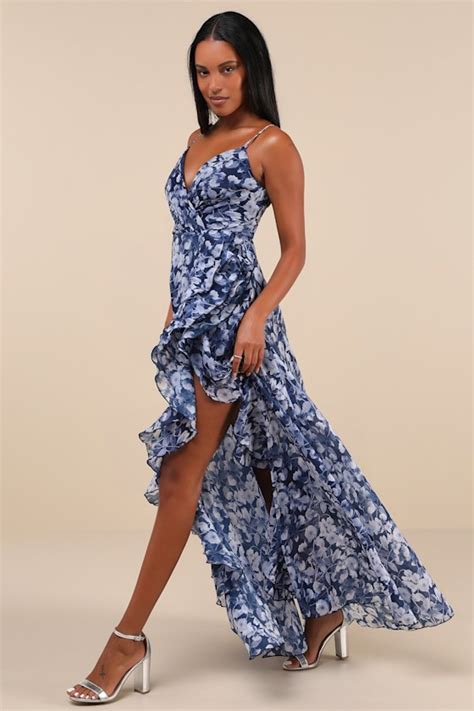 Lulus Illustrious Aura Navy Blue Floral Ruffled Surplice Maxi Dress