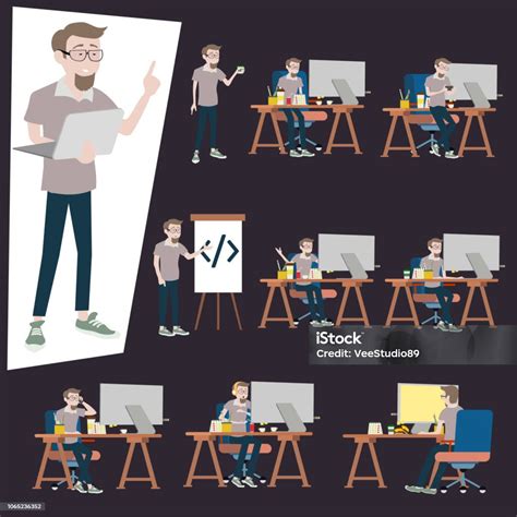 ilustrasi vektor dengan gaya datar programmer yang bekerja di meja
