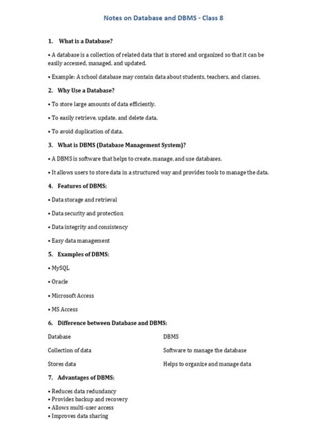 Database And Dbms Notes Class 8 Pdf