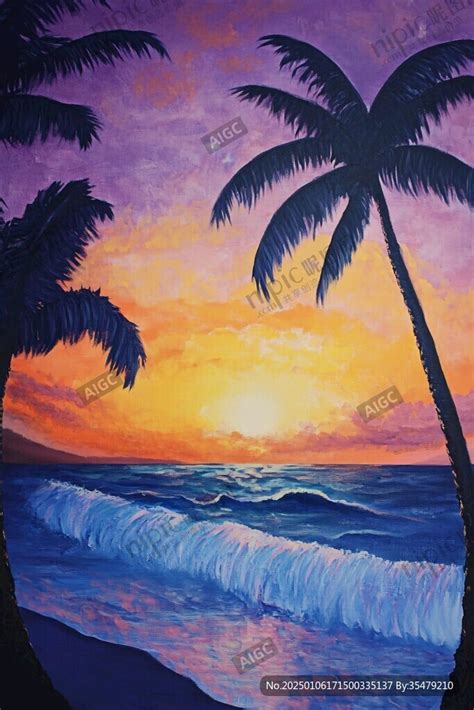 Ai创作图夏威夷海滩油画 海边晚霞油画 日落手绘油画 海边落日插画 海上日出油画 手绘海景油画 落日水粉画 海滩风景画 夕阳壁画 椰树油画 海洋海洋日出装饰画 油画夕阳 装饰画海景 海天一色