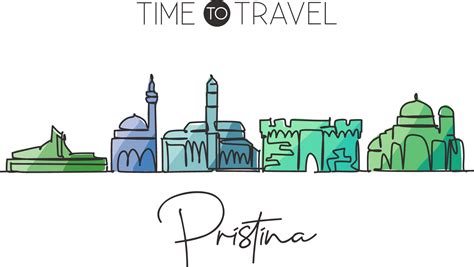 Single Continuous Line Drawing Pristina Skyline Kosovo Famous City