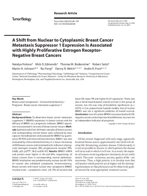 Pdf A Shift From Nuclear To Cytoplasmic Breast Cancer Metastasis