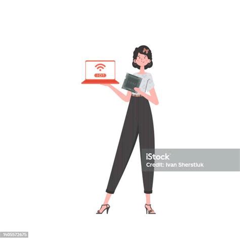 한 여성이 노트북과 프로세서 칩을 손에 쥐고 있습니다 Iot 개념 격리 벡터 Brand Name Online Messaging