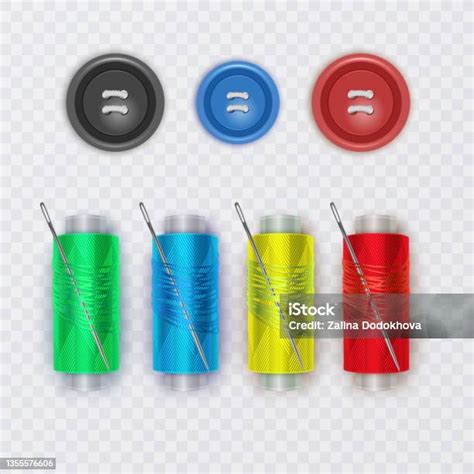 플라스틱 보빈의 현실적인 세트 배경에 격리 된 컬러 스레드와 스풀 바느질 테일러링 바느질 및 의류 수리용 액세서리 벡터 일러스트레이션 용 장비 3차원 형태에 대한 스톡 벡터