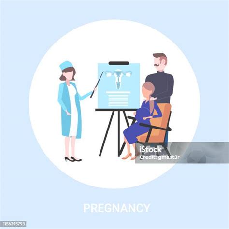 임신 부인과 상담 개념 평면 전체 길이를 실시 하는 난소와 플립 차트를 가리키는 여성 의사 방문 하는 그녀의 남편과 임신 여성 가리키기에 대한 스톡 벡터 아트 및 기타