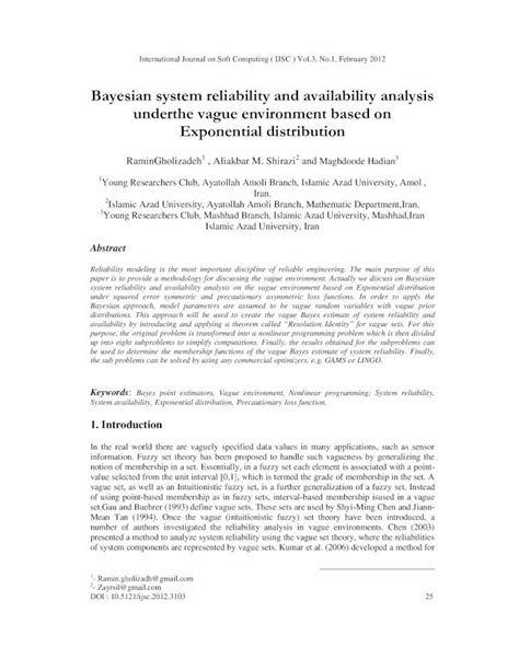 pdf bayesian system reliability and availability analysis airccse